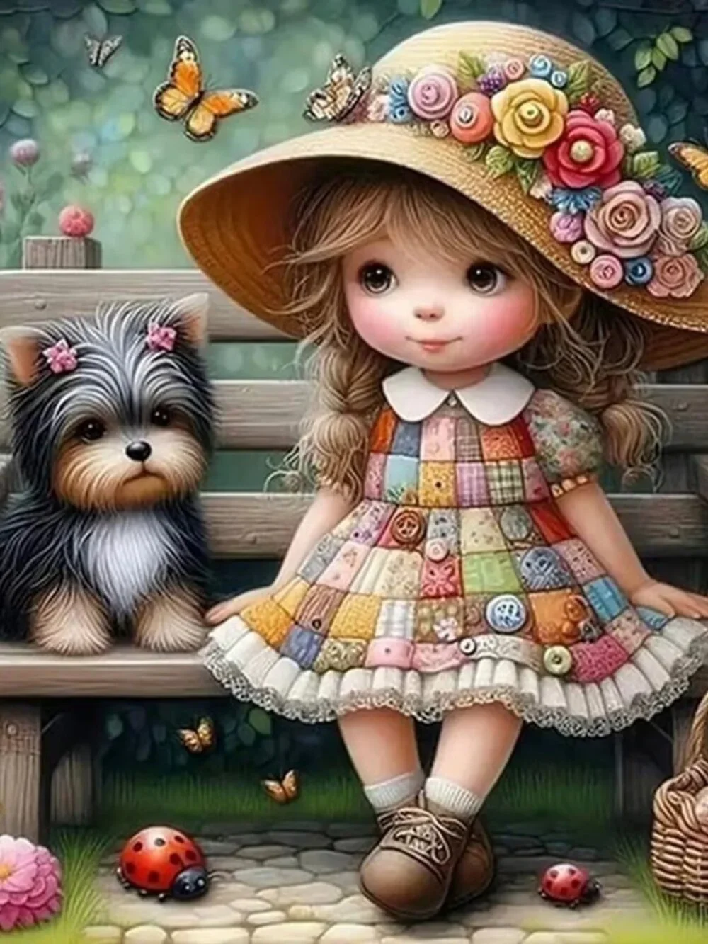 Craft | Art | Little Girl Dog Sitting On Bench Diamond Painting Kit ...